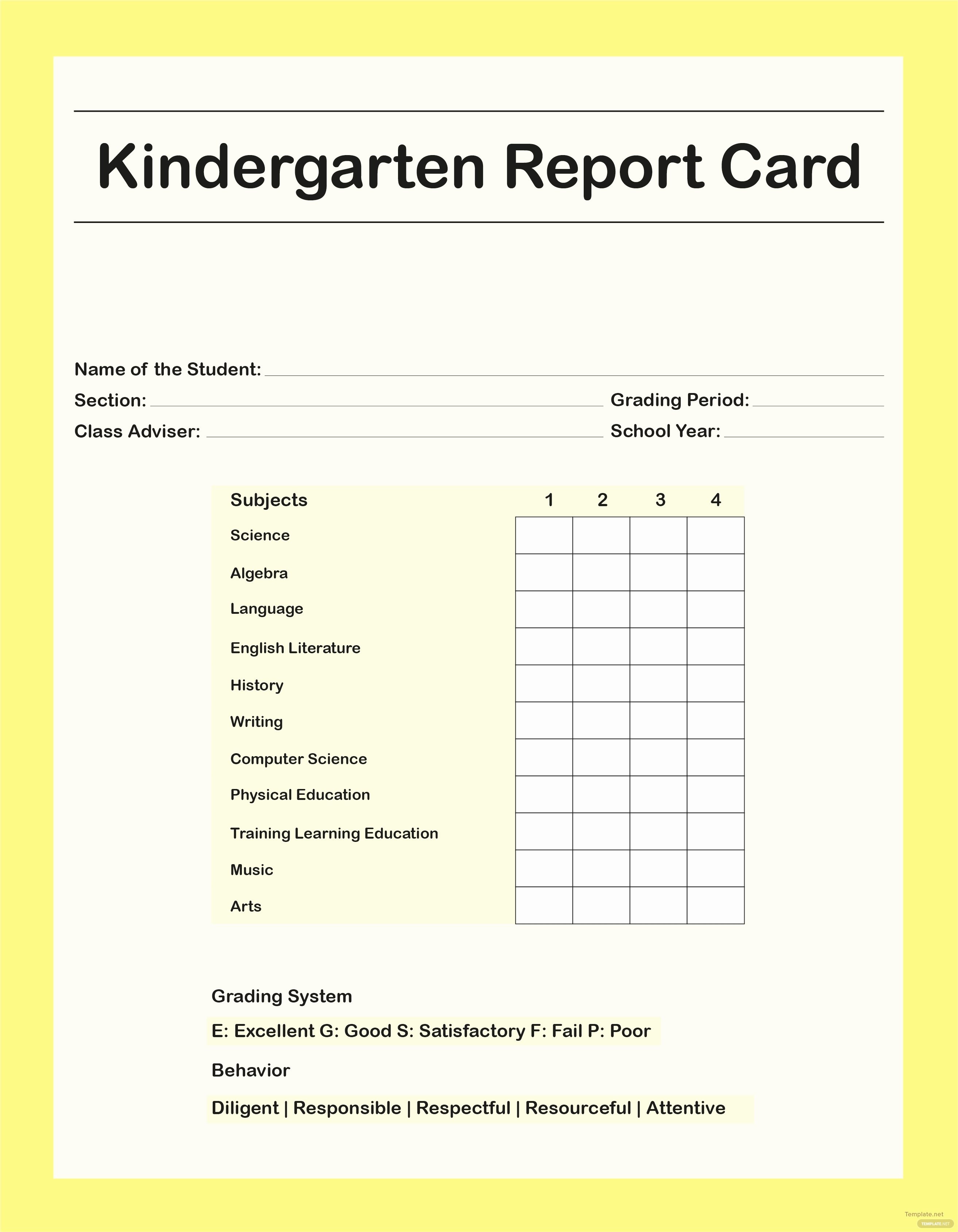 Report Card Format For Kindergarten