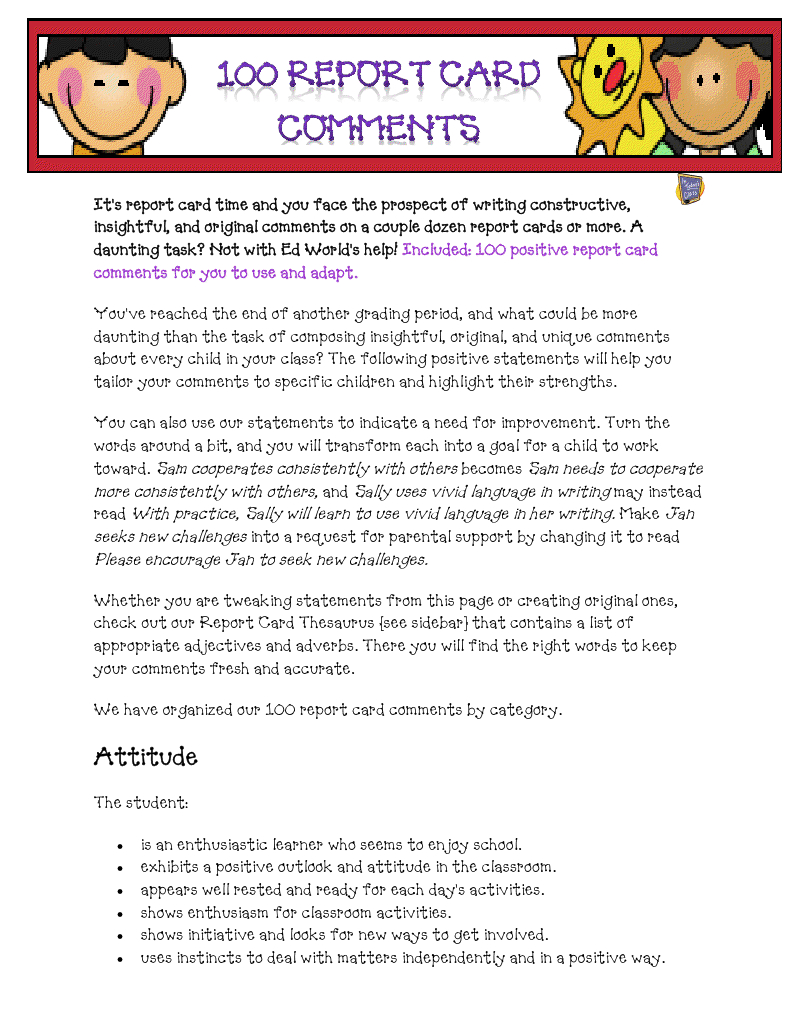 Free Printable Report Card Comments Free Printable