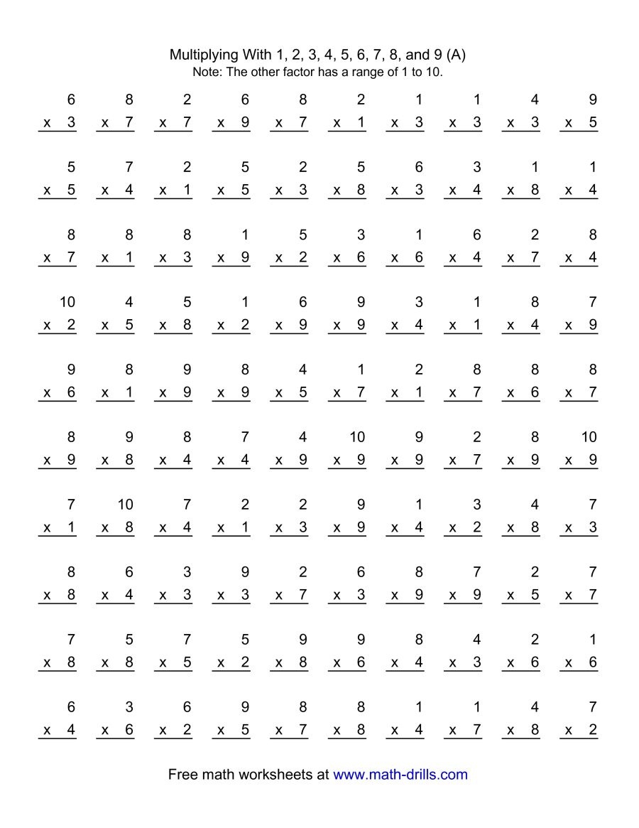 100 Vertical Questions Multiplication Facts 1 91 10 A Free 