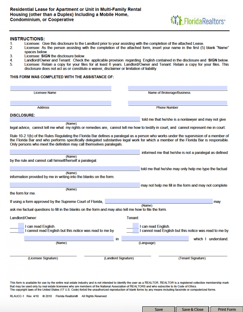 Printable Florida Residential Lease Agreement Fillable