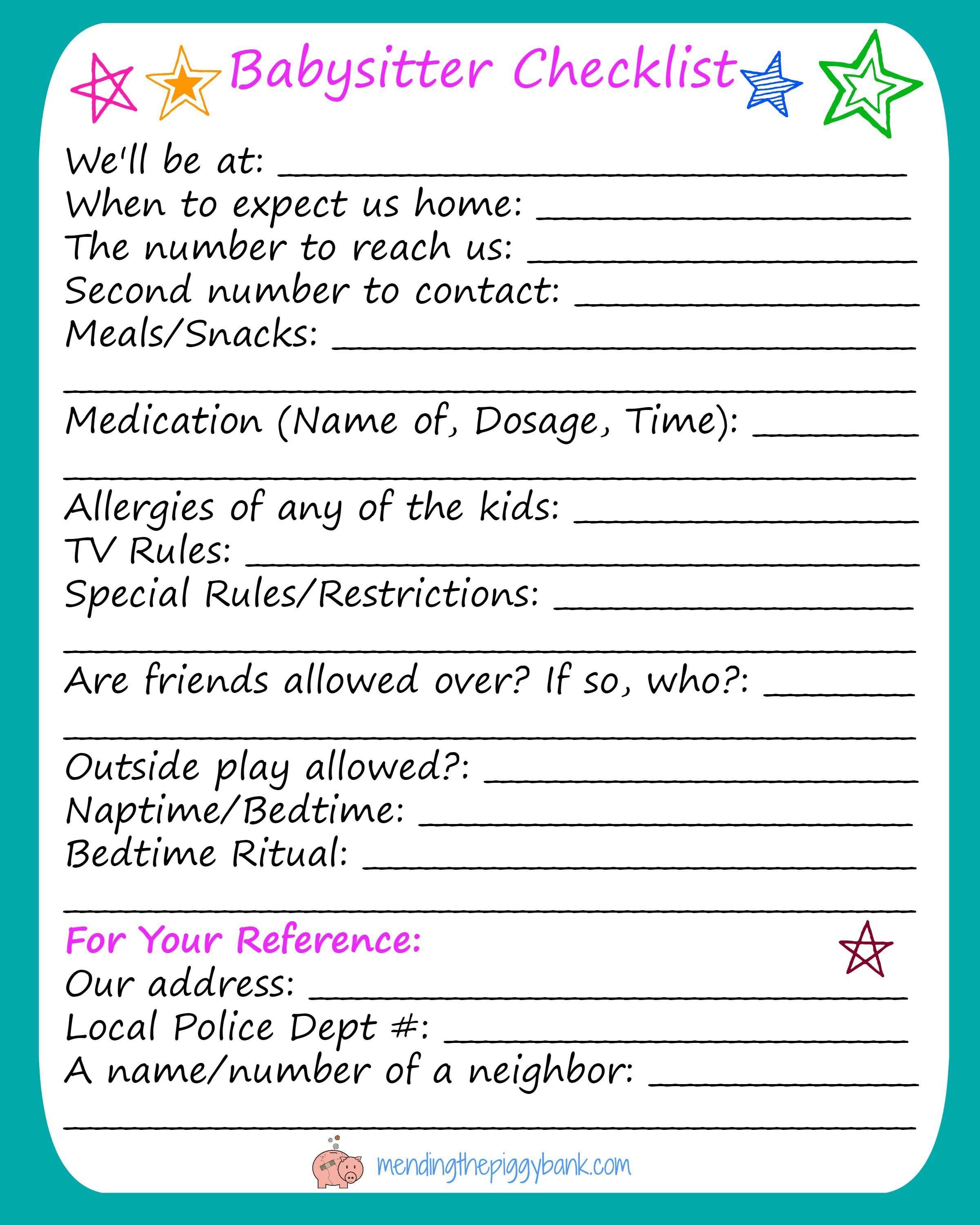 Free Printable Babysitter Checklist Babysitting Babys 