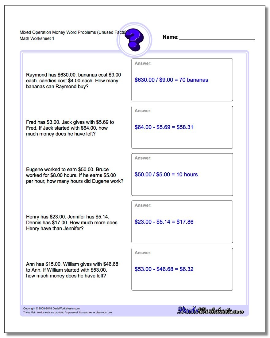 Money Word Problems Free Printable Making Change Worksheets Free