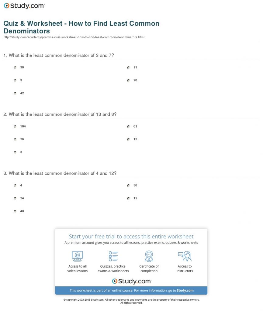 Quiz Worksheet How To Find Least Common Denominators Study